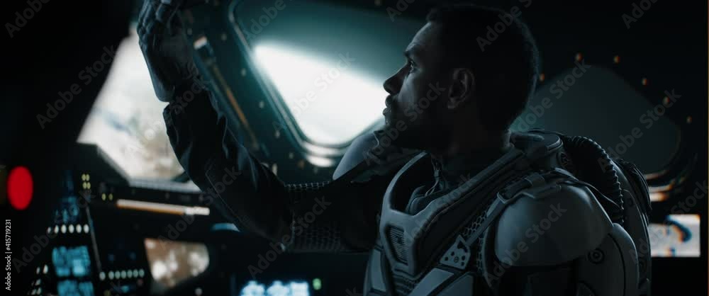CU Portrait of African American Black male astronaut inside spaceship ...