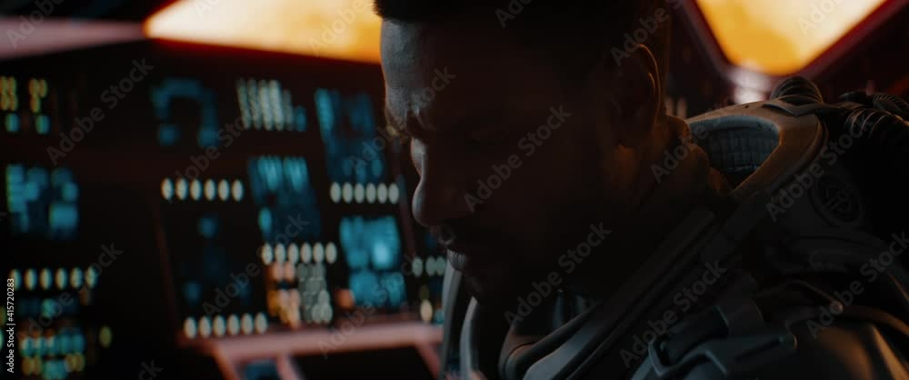 CU Portrait of African American Black male astronaut inside spaceship ...