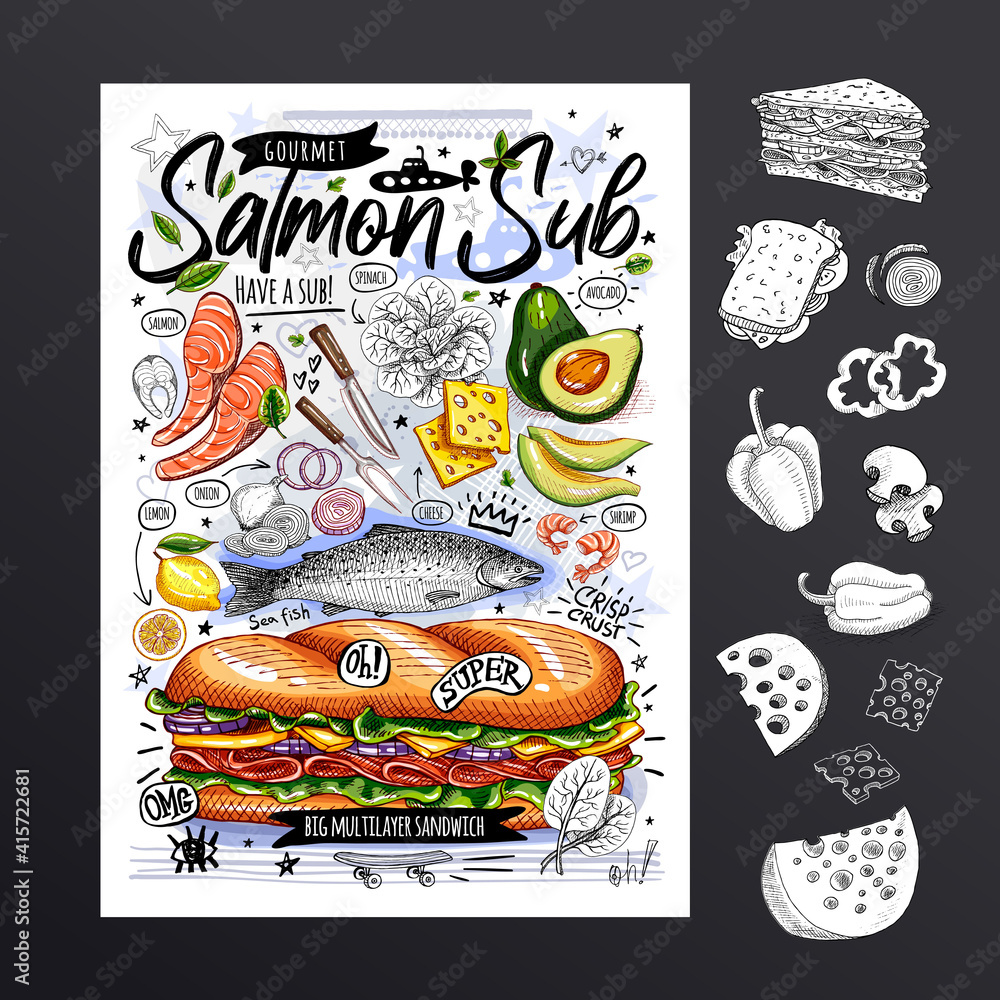 Food poster, ad, fast food, ingredients, menu, sandwich, sub, snack ...