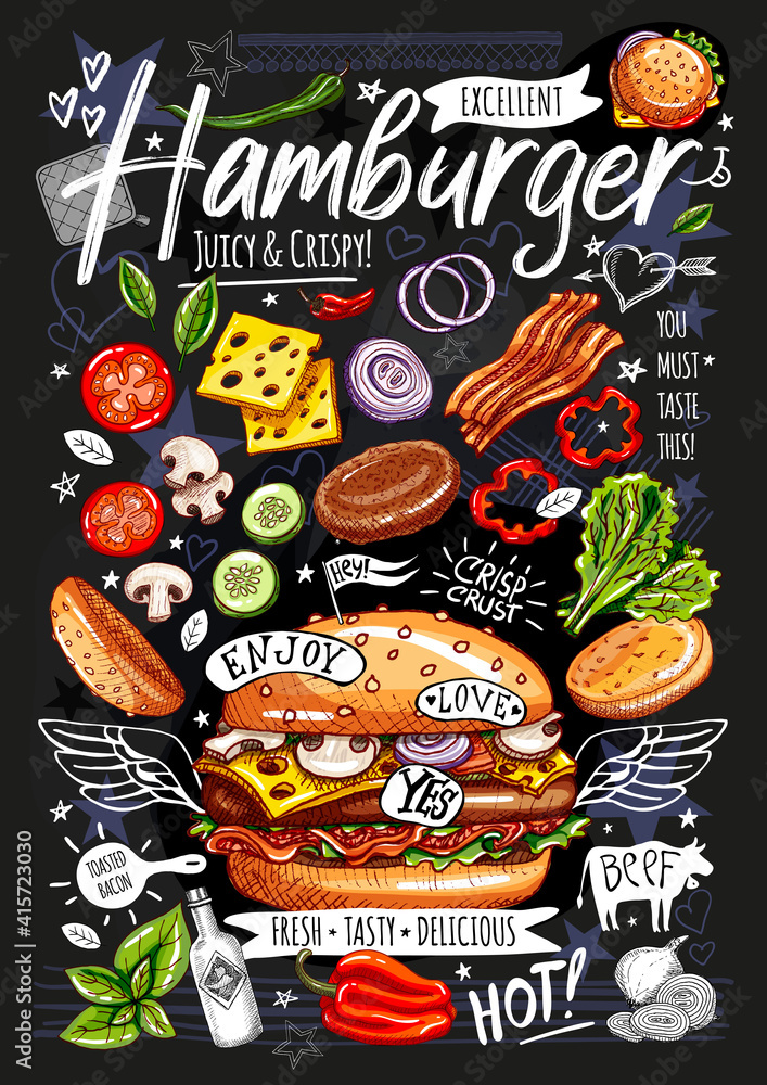 Food poster, ad, fast food, ingredients, menu, burger. Sliced veggies ...