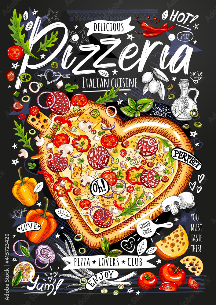 Food poster, ad, fast food, ingredients, pizzeria menu, pizza, heart ...