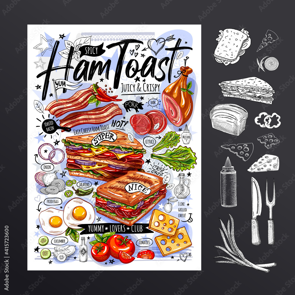 Food poster, ad, fast food, set, menu, toast, sandwich, ham, pork ...