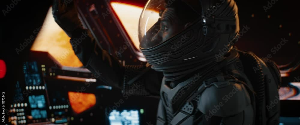 CU Portrait of African American Black male astronaut inside spaceship ...