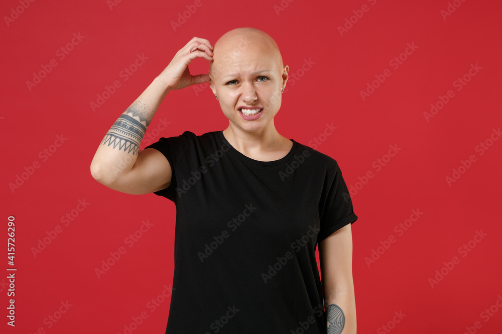 Young bald caucasian attractive thoughtful troubled woman 20s without ...