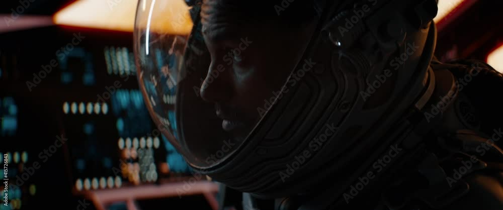 CU Portrait of African American Black male astronaut inside spaceship ...