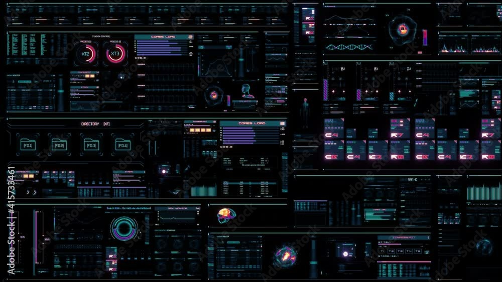 Multicolored futuristic interface with digital elements, folders ...