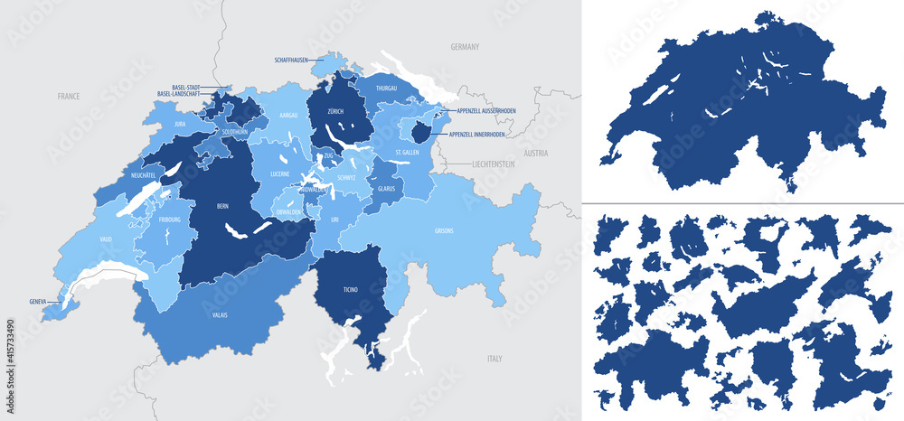 Detailed, vector, blue map of Switzerland with administrative divisions ...