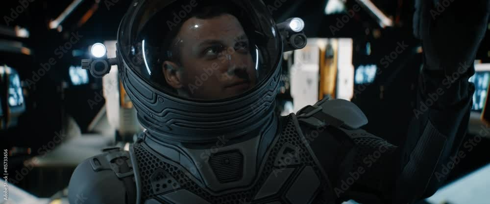 POV Caucasian male astronaut having remote video call inside spaceship ...