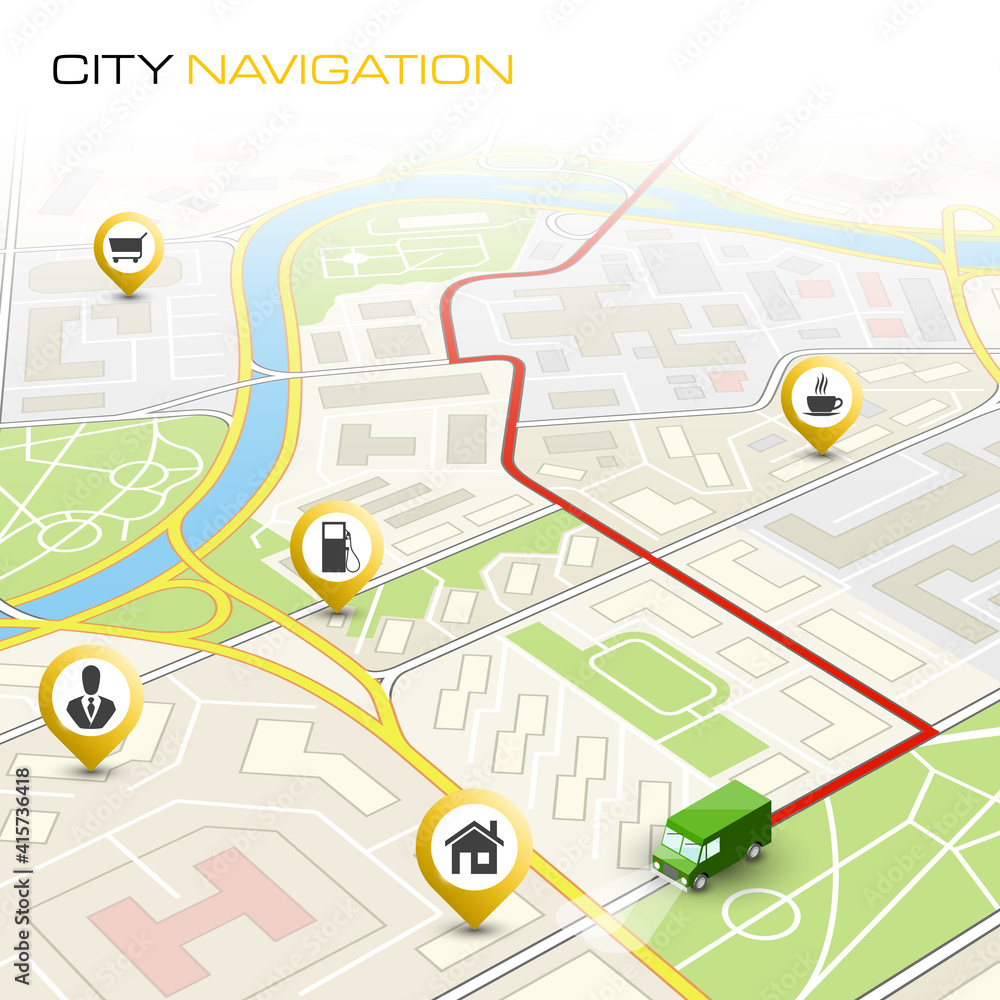 City map navigation route, point markers delivery van, schema itinerary ...