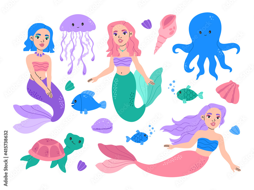 Cute mermaids and fun ocean animals collection. Kawaii princess girl ...