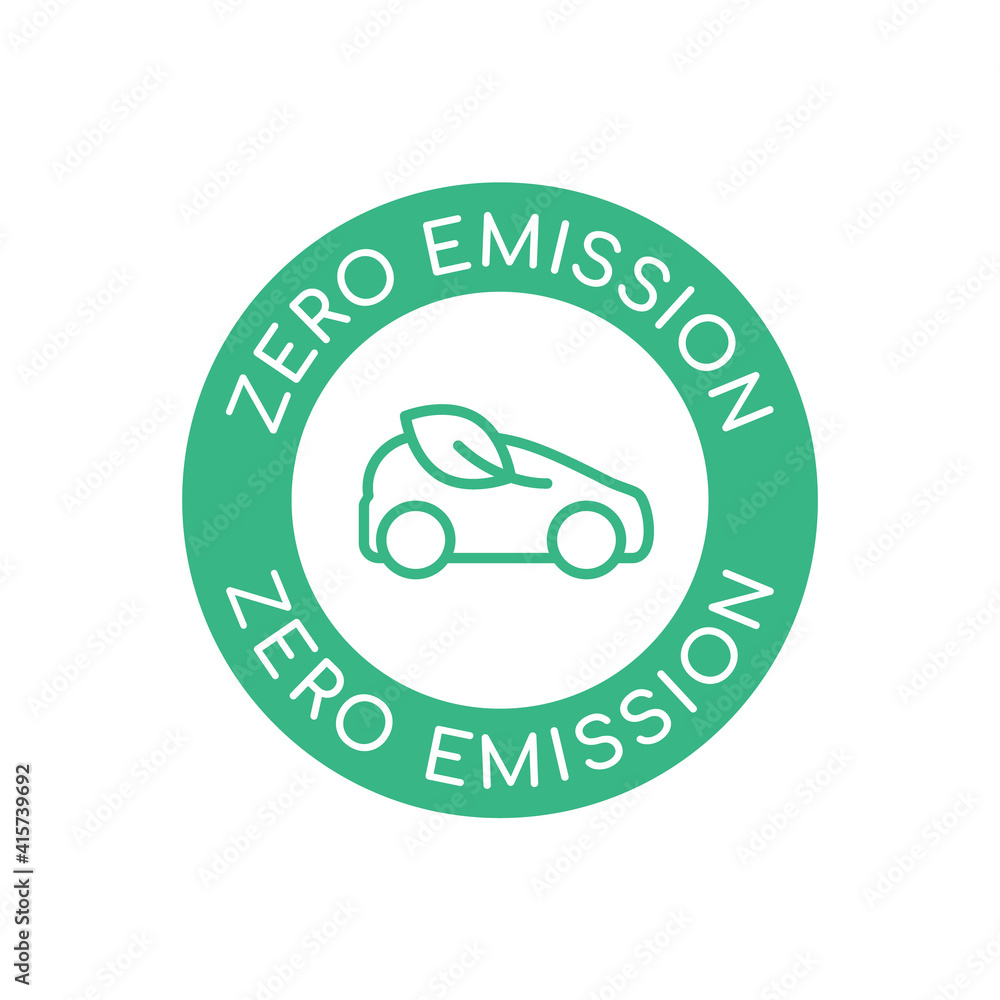 Zero emission car logo, sign, line icon. Green automobile with a leaf inside a circle. Electric ...