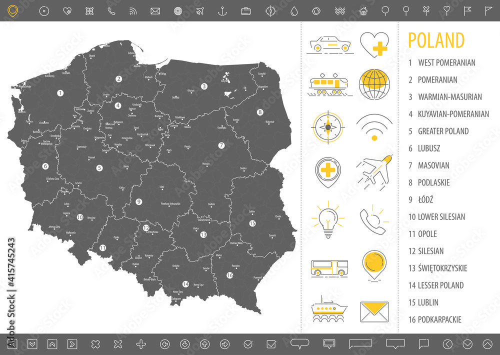 Detailed monochrome map of Poland, gray country territory with ...