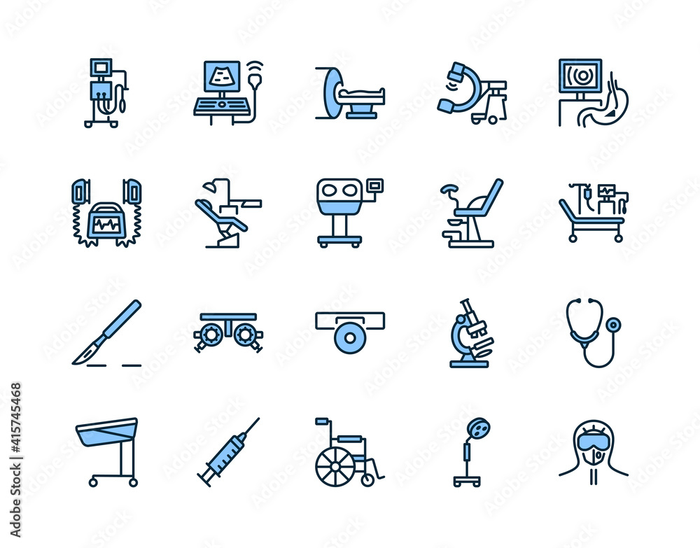 Medical examination equipment flat line icon set blue color. Vector ...