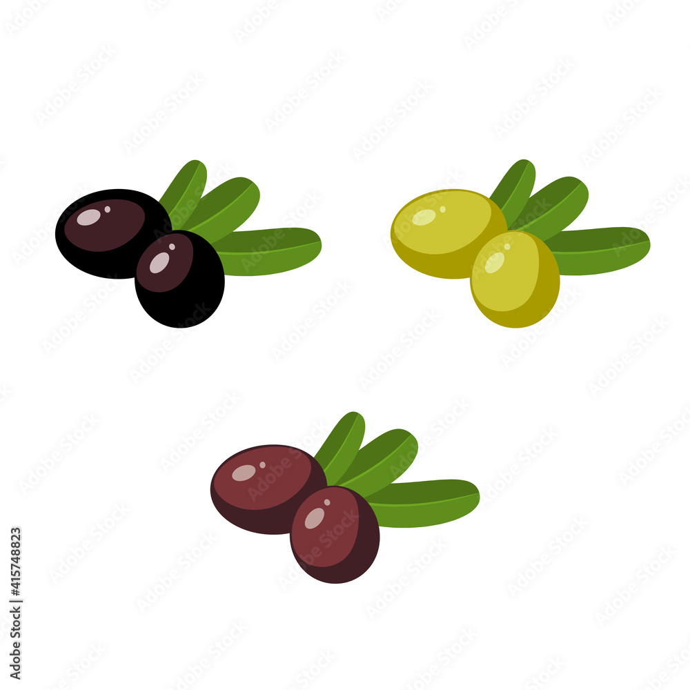 Olives. Vector illustration of cartoon flat icon set isolated on white ...