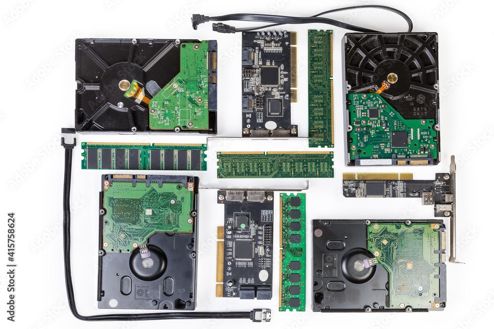 Computer data storage devices different types on a white background ...