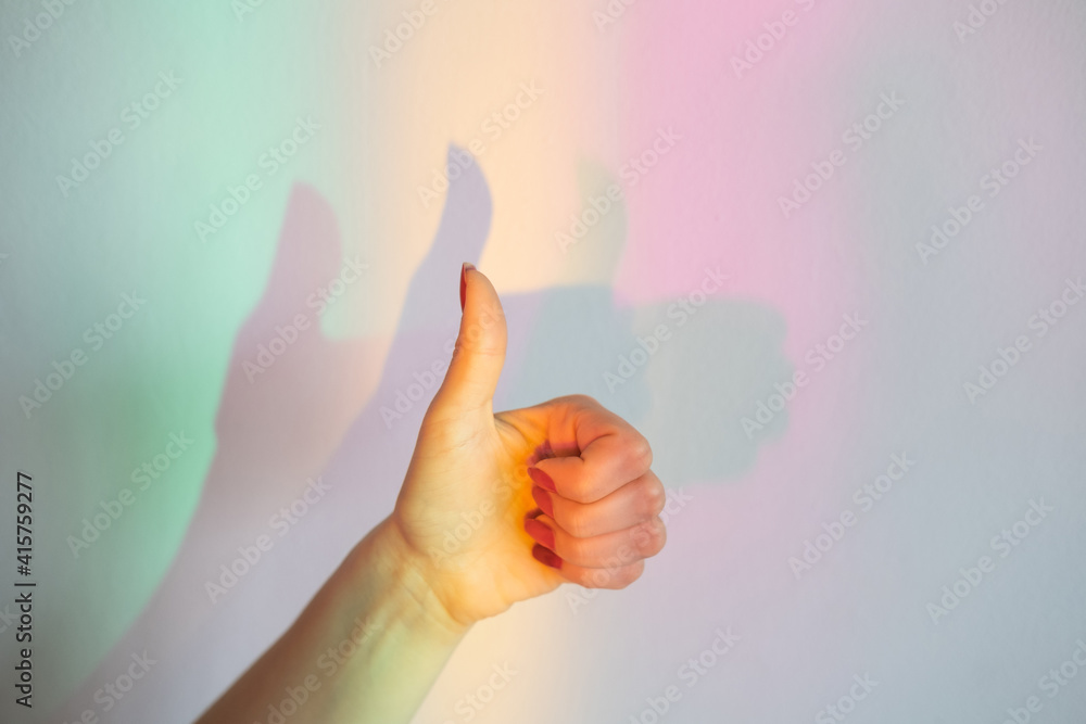 Hands shadow game. Funny gesture. Imagine play. Home theater. Female ...