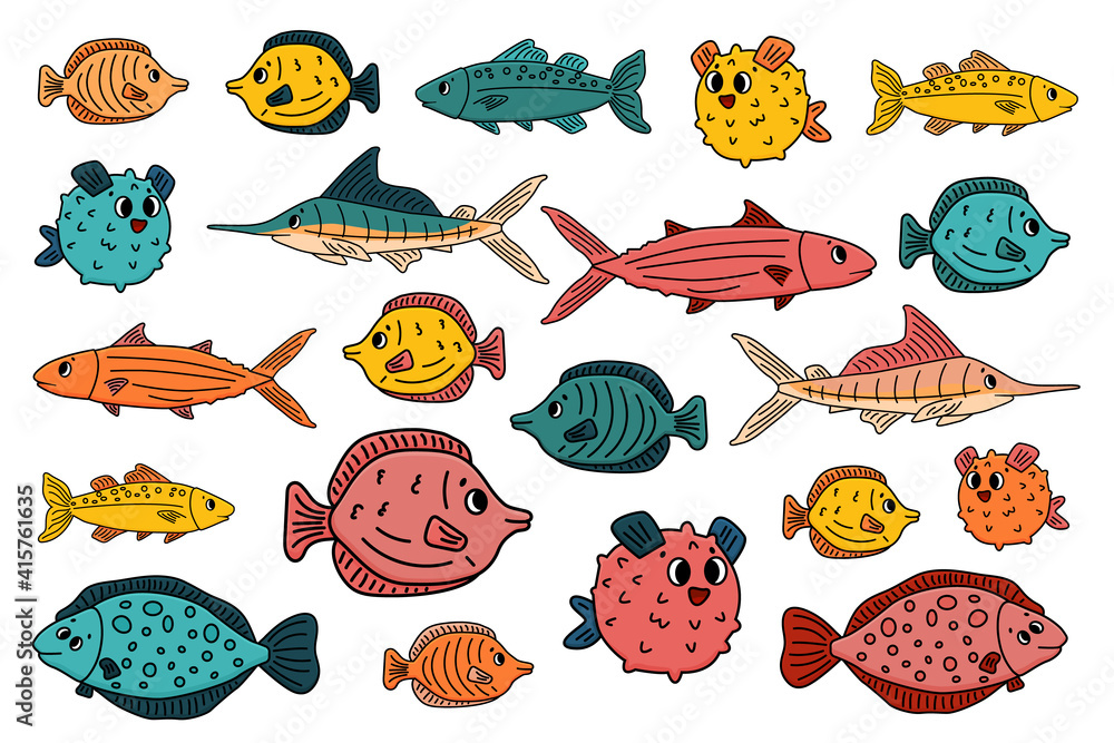 Set of outline different cartoon vector underwater fish, tang, flounder ...