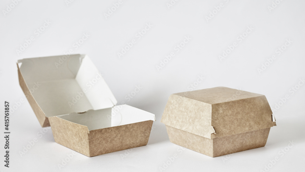 Closed and opened empty blank cardboard food container. Hamburger ...