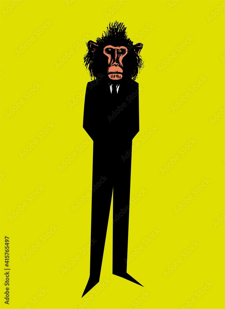 Cartoon illustration of funny man with head of monkey dressed up in ...