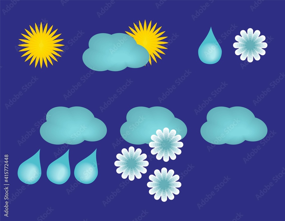 Vector set of weather icons isolated on blue background. Clouds, rain ...
