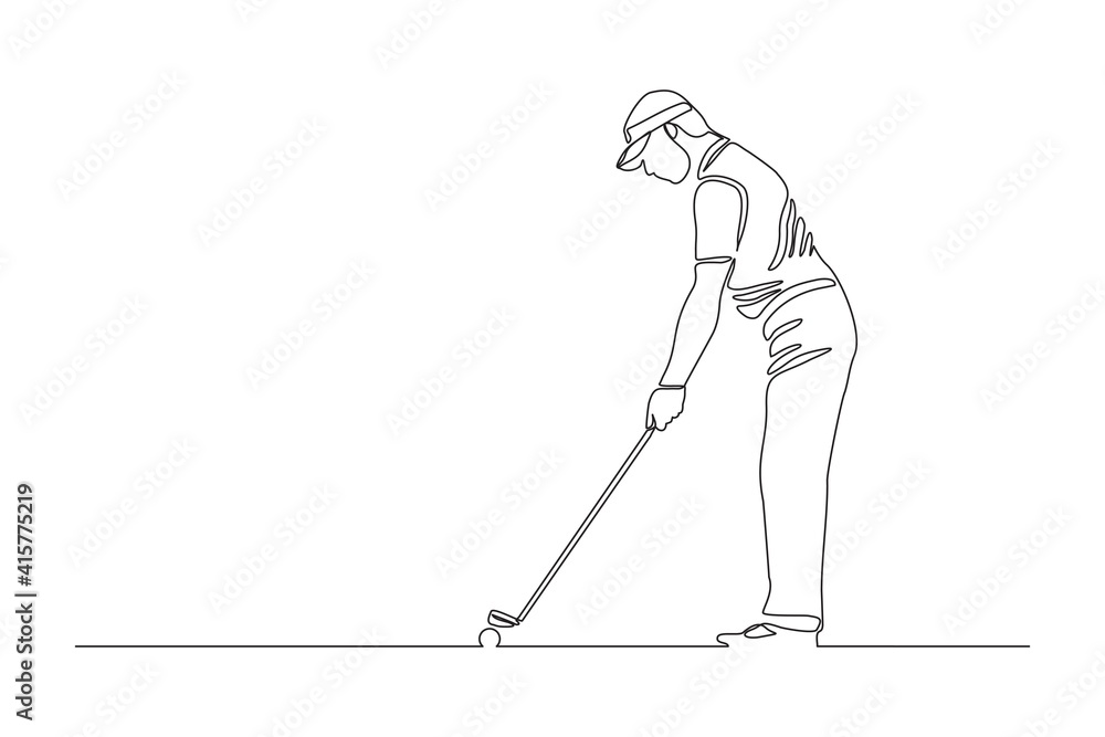Continuous line drawing of young man playing golf. Single one line art ...