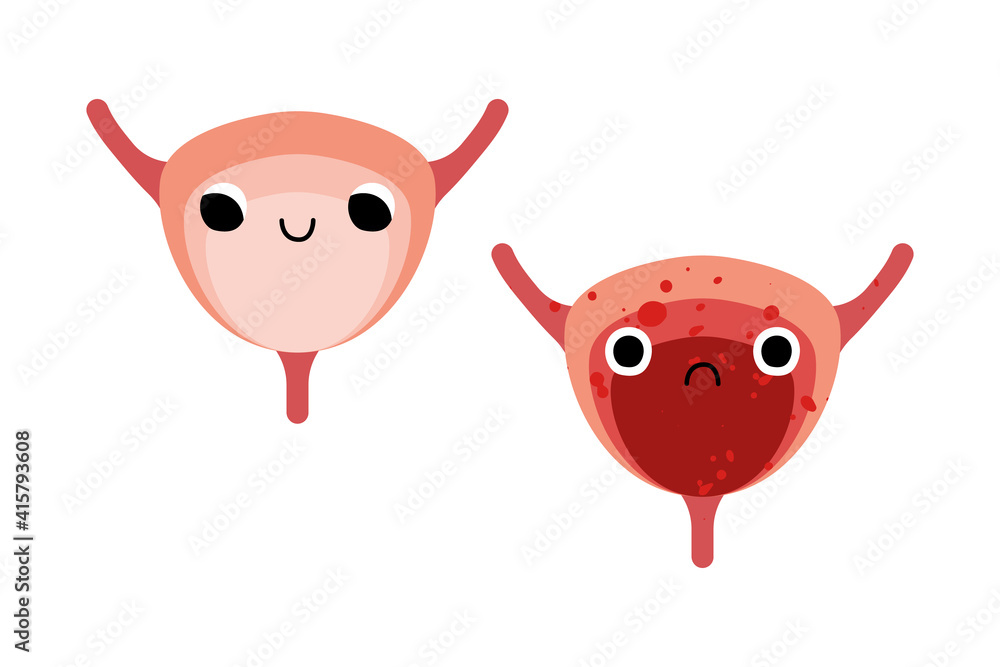 Cute bladders characters with smiling and sad face. Funny kawaii human ...