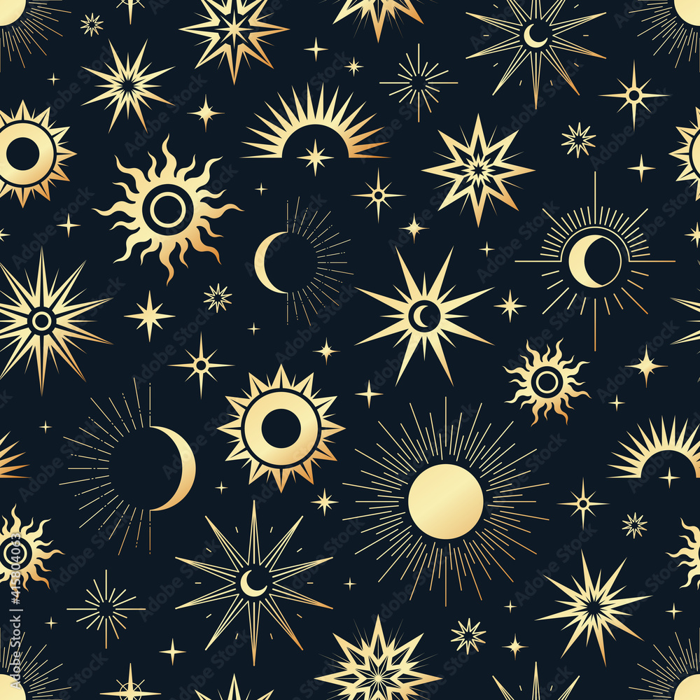 Vector magic seamless pattern with gold sun, moon and stars. Mystical ...