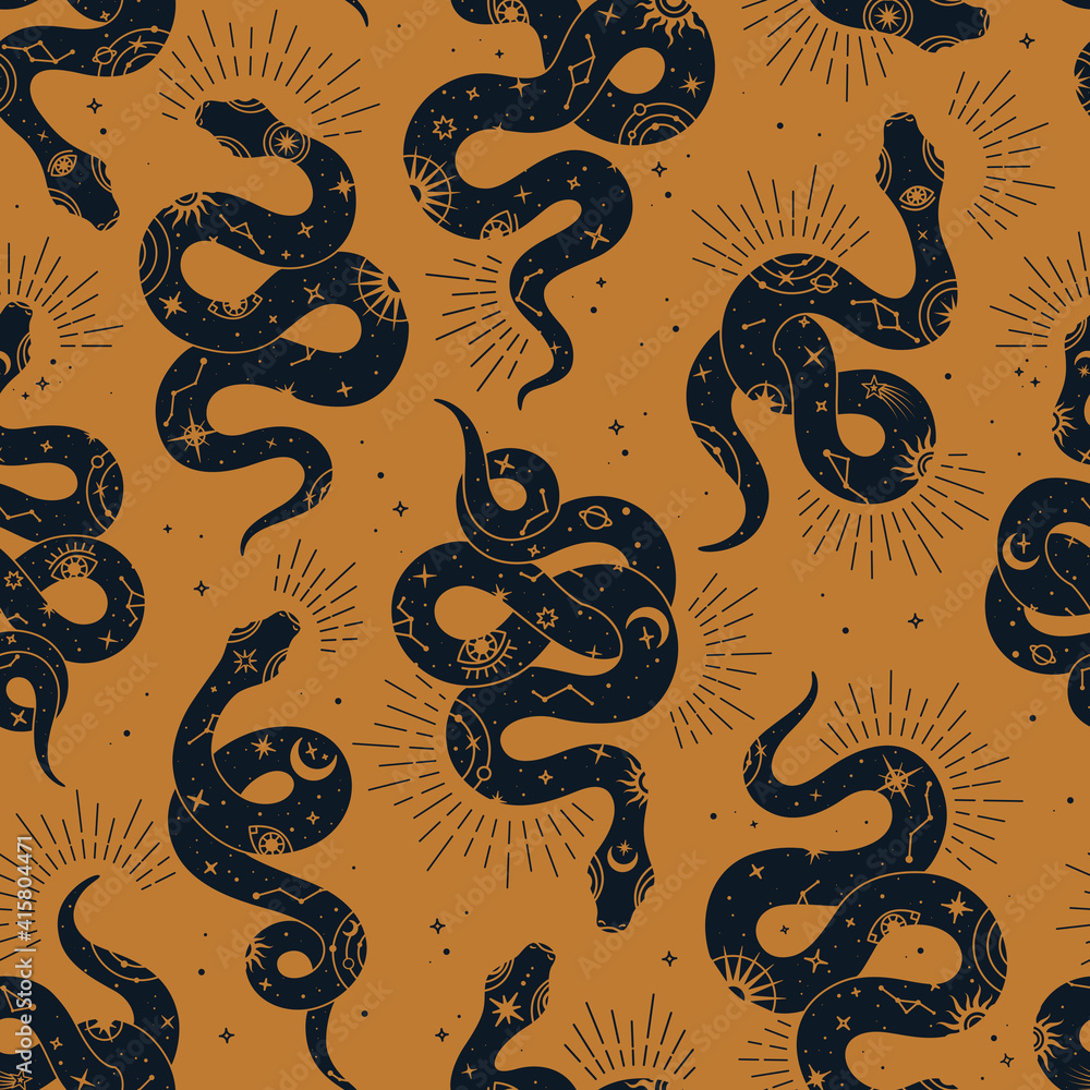 Vector magic seamless pattern with snake with signs sun, moon, magic ...