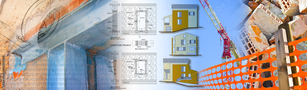 Construction site concept collection with demolition of an old brick ...