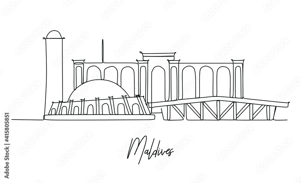 Landmarks of Maldives skyline - Continuous one line drawing Stock ...