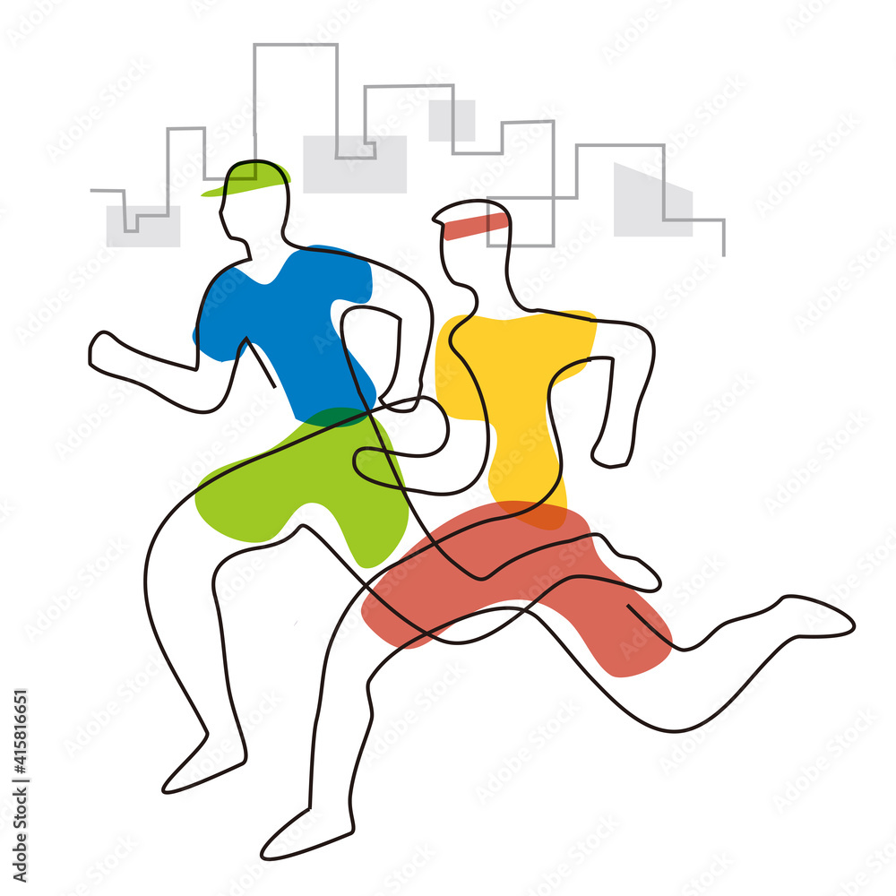 Jogging in the city, marathon runners. Illustration of runners with ...