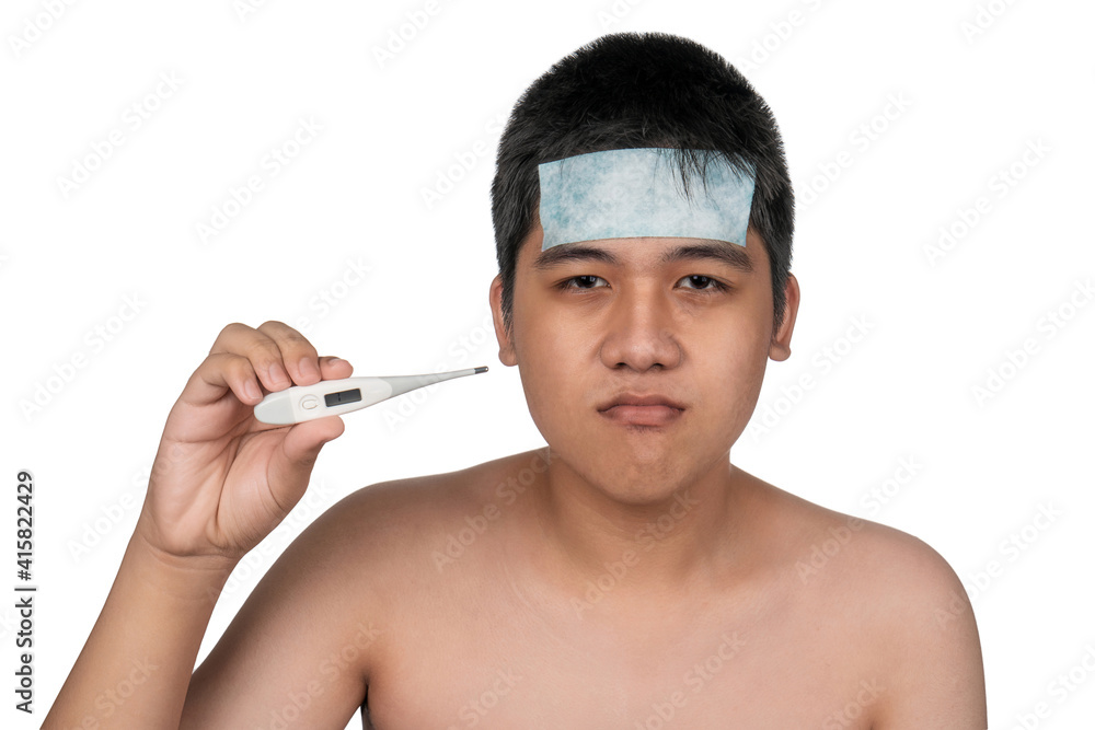 Asian student boy holding digital thermometer for measuring body ...