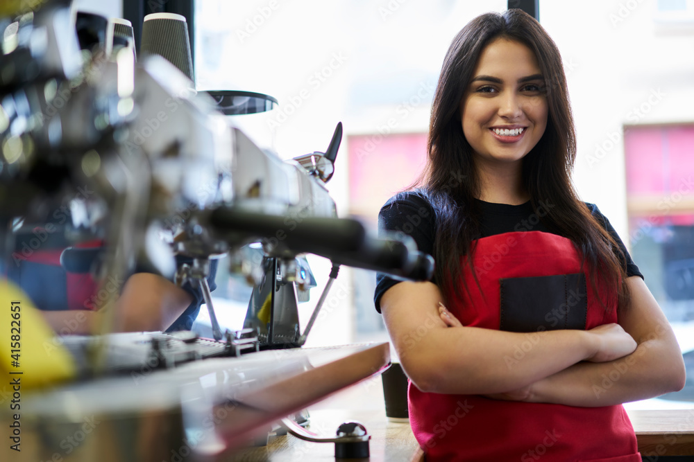 Cheerful caucasian woman waitress in coffee shop uniform ready to make ...