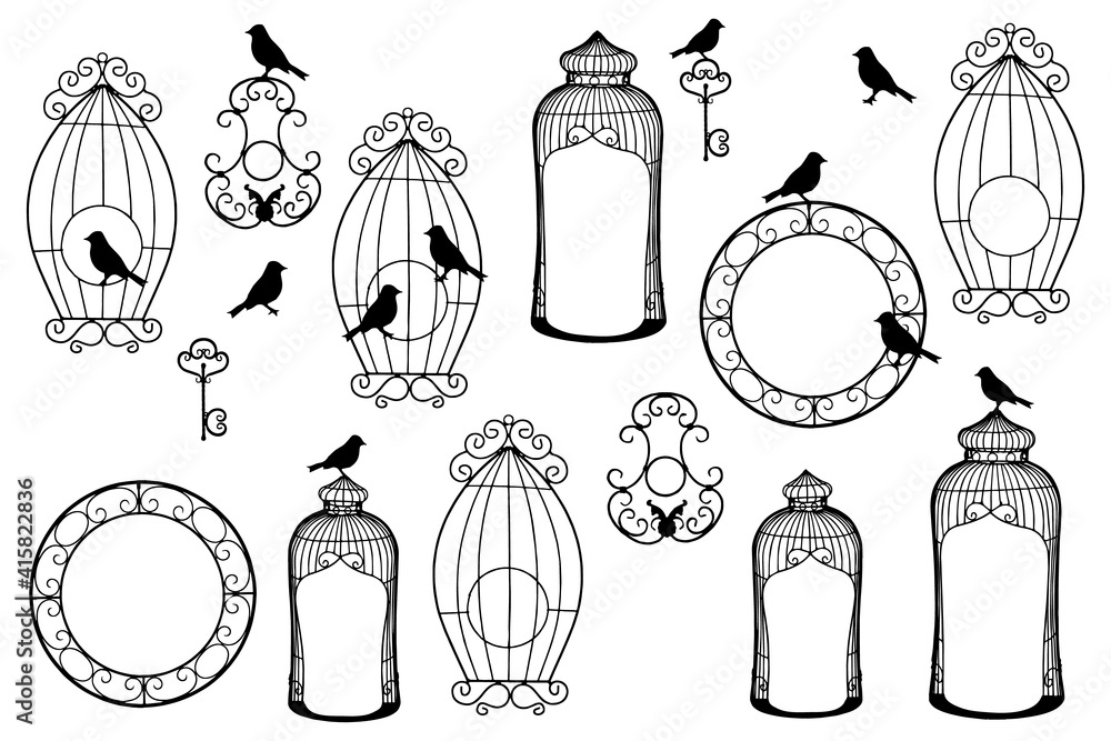 Birds and cages decorative silhouettes. Clip art set on white ...