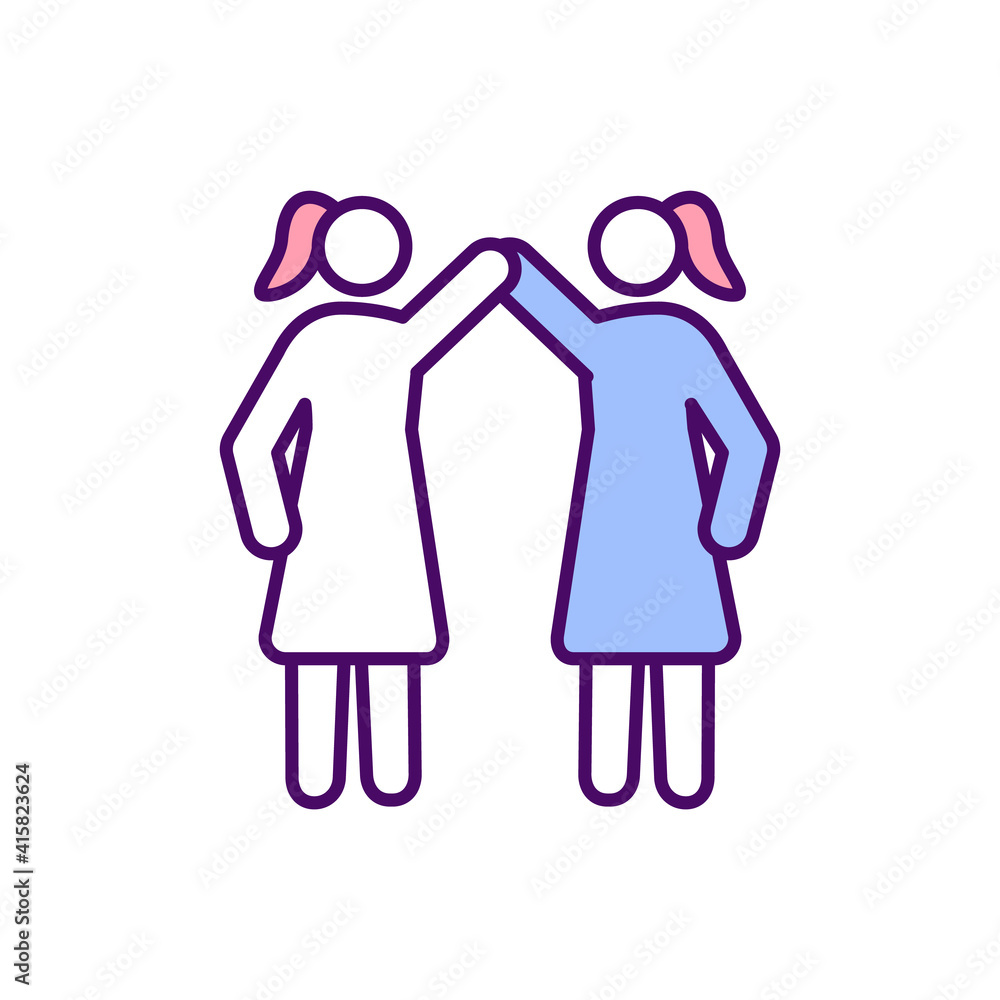 Female achievements RGB color icon. Sisterhood. Female friendship. Girl ...