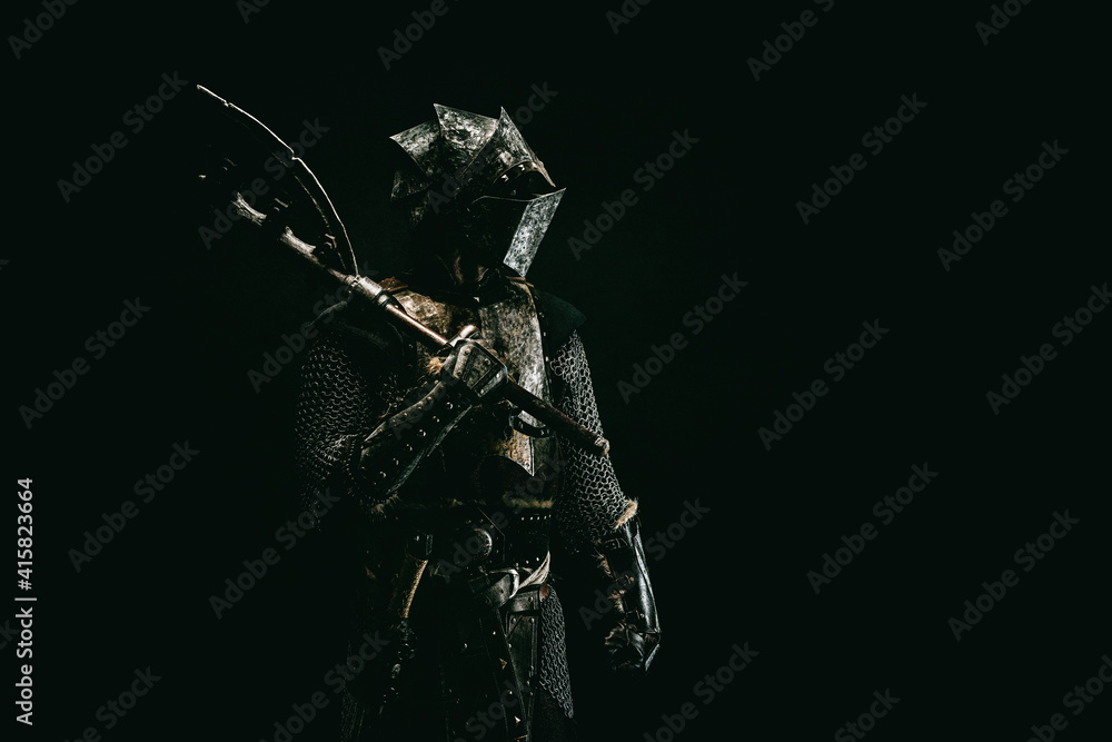 Portrait of a medieval fighter in armor, in profile, an ax on his ...