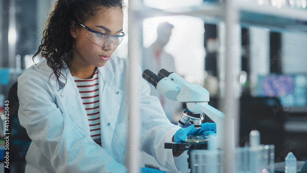 Medical Science Laboratory: Portrait of Beautiful Black Scientist Using ...
