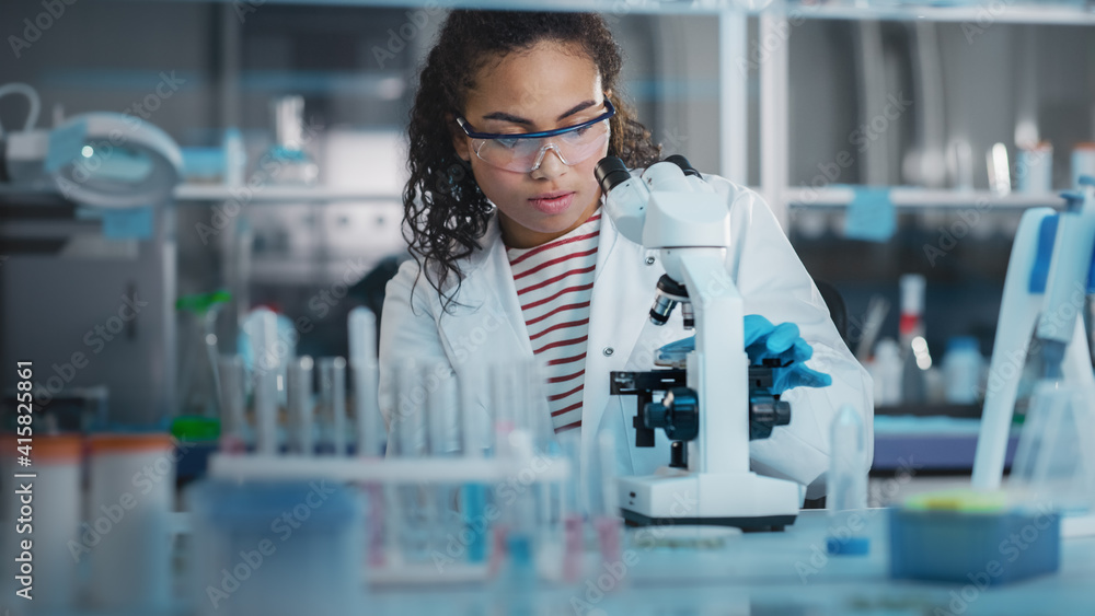 Medical Science Laboratory: Portrait of Beautiful Black Scientist Using ...