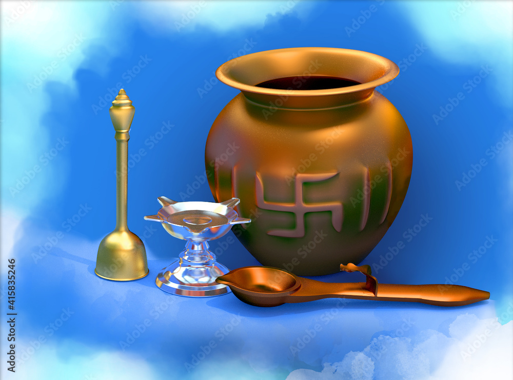 3D drawing of Indian style vintage Brass utensils with worship pots ...