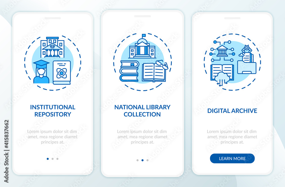 Types of digital libraries onboarding mobile app page screen with ...
