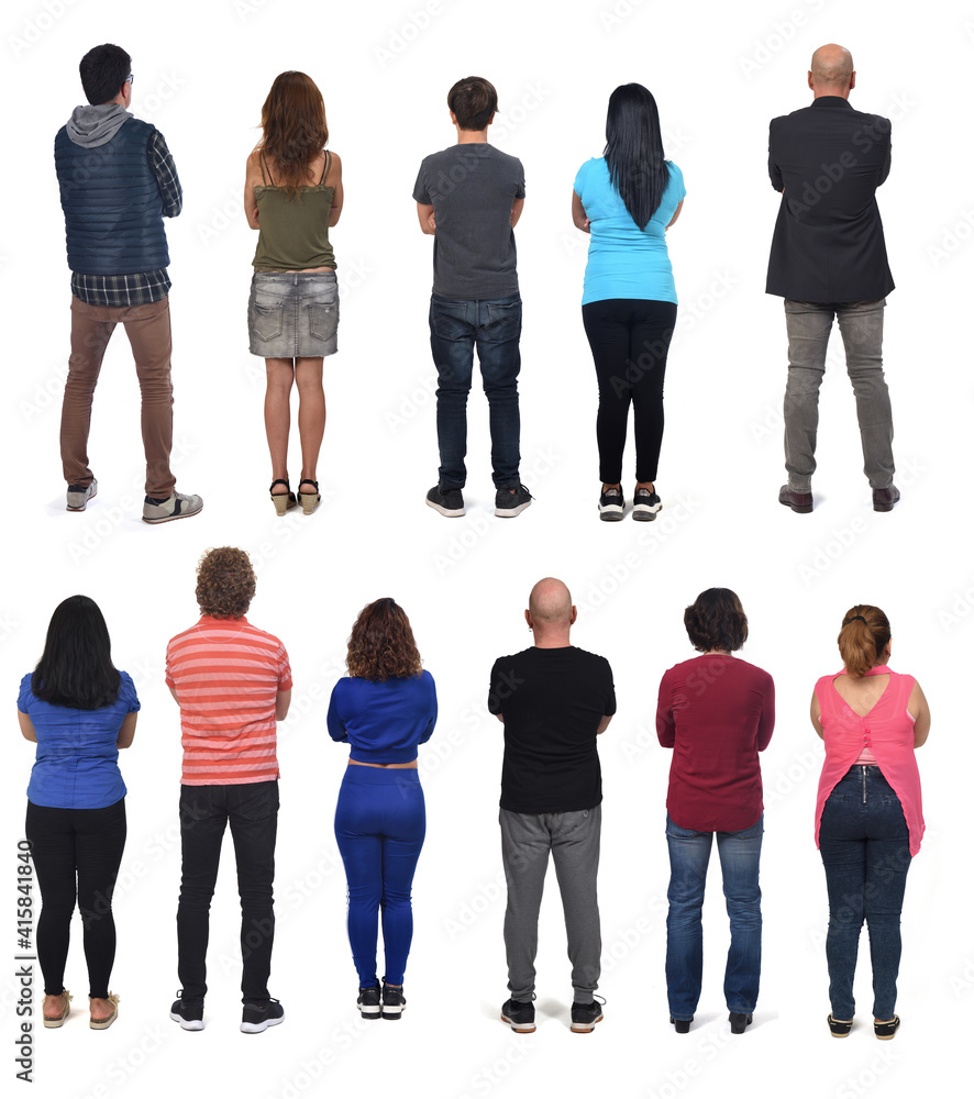 rear view of a group of woman and men with arms crossed on white ...
