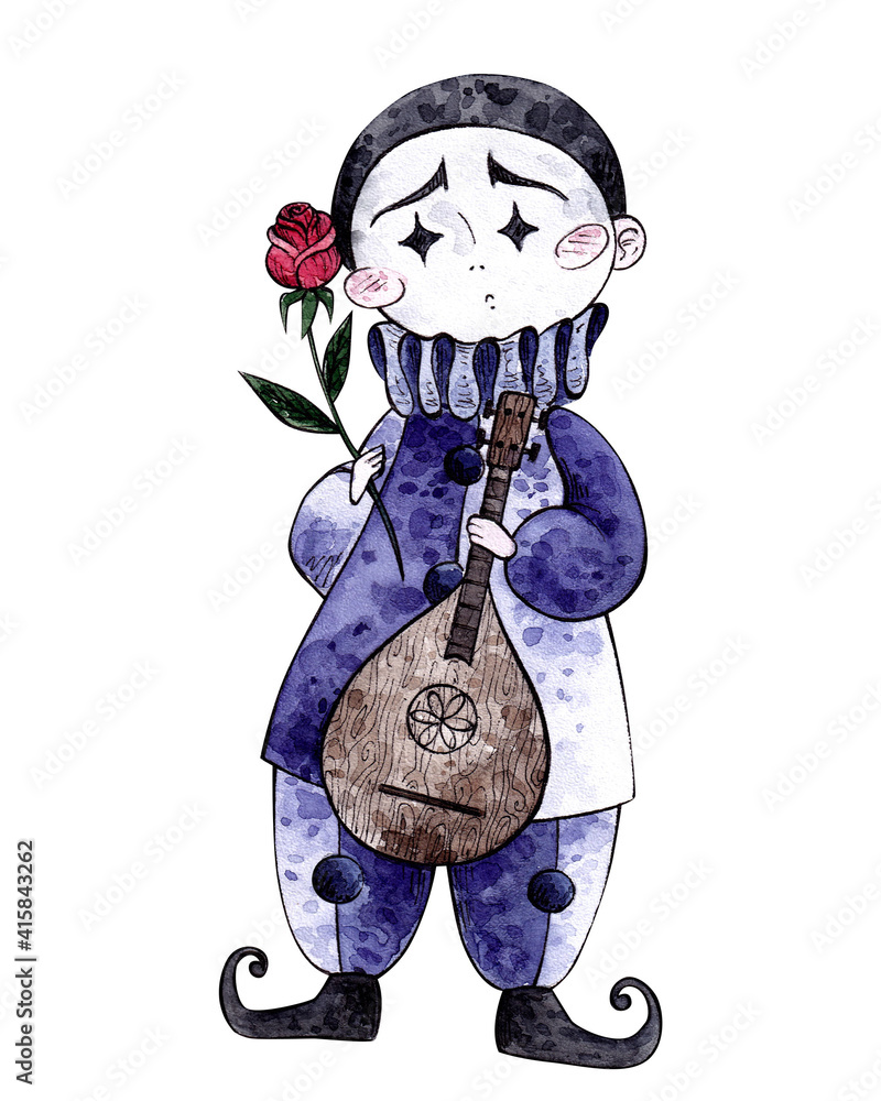 watercolor illustration. cute sad character with rose and lute on white ...
