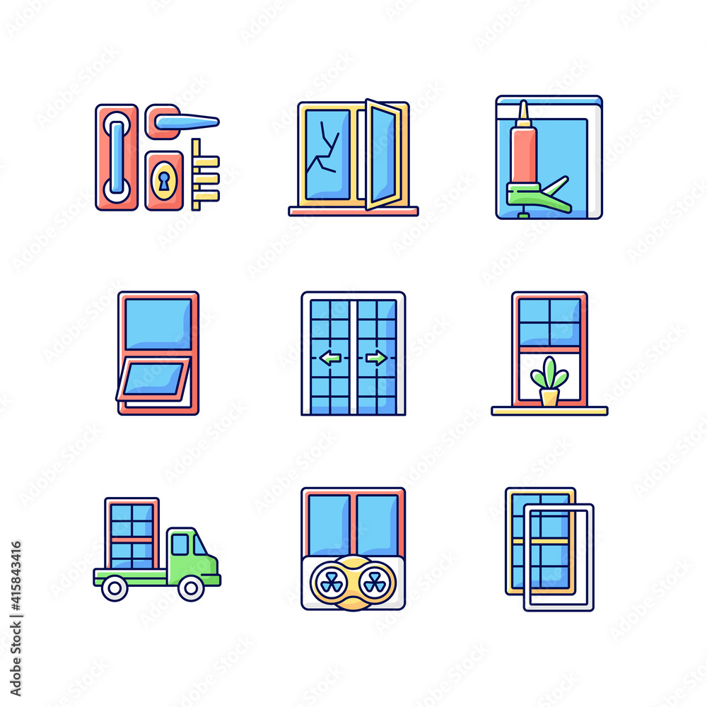 Window and door installations RGB color icons set. Fixing cracked sills ...