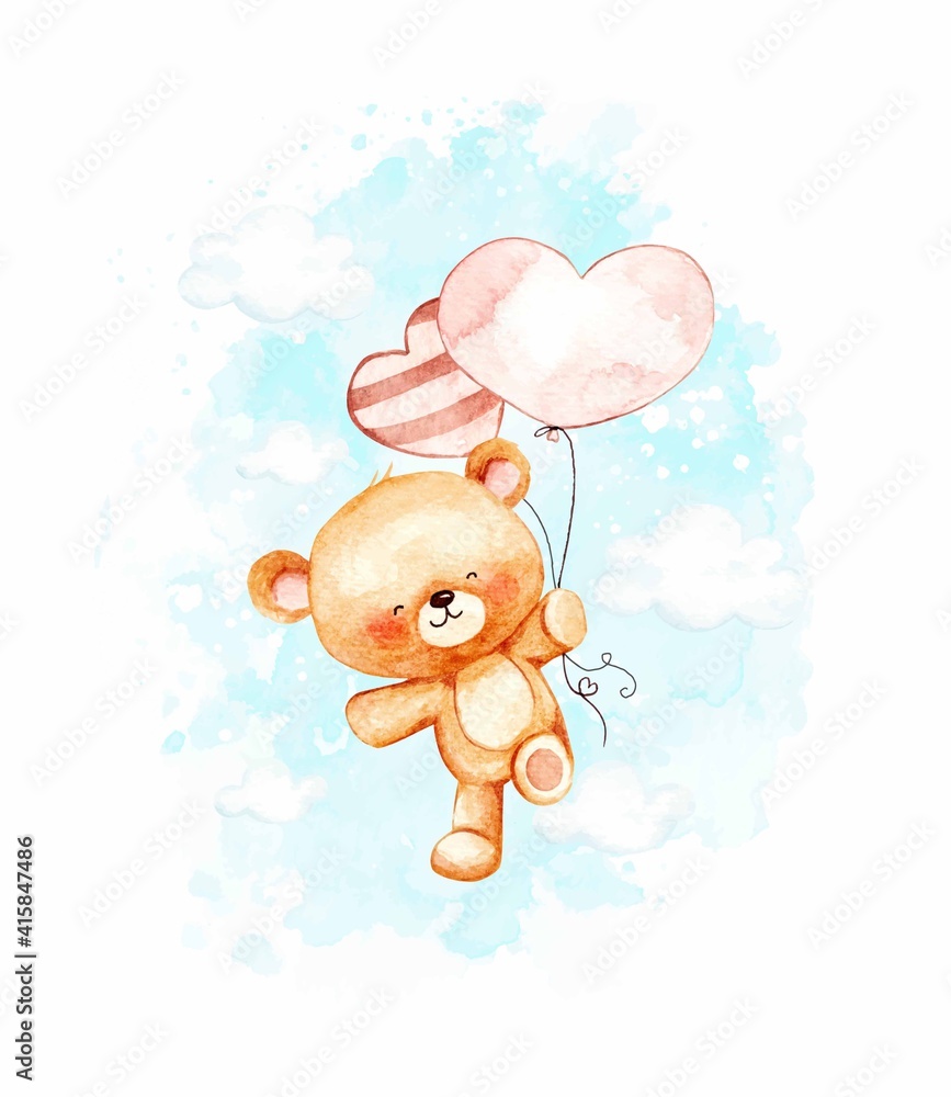 Teddy bear flying with balloons Stock Vector | Adobe Stock