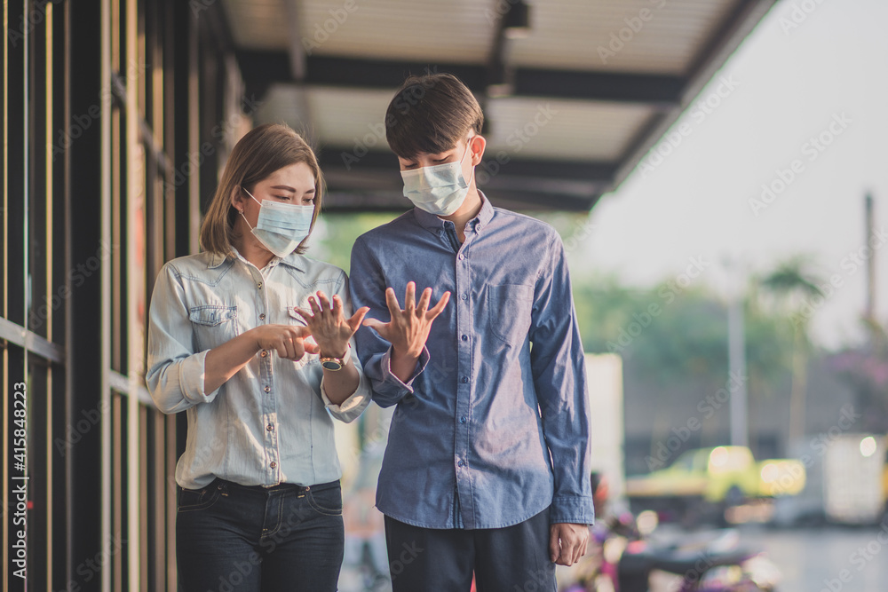two people wear face mask protect coronavirus covid 19 walk on city ...