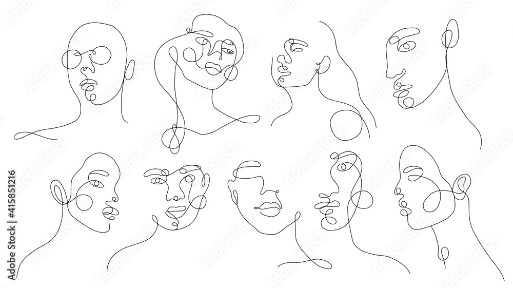 Set linear woman portraits. Continuous linear silhouette of female face ...