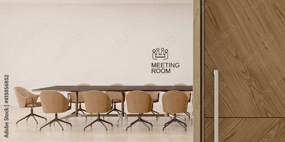 Meeting room interior.Conference room with wood door and logo.3d ...