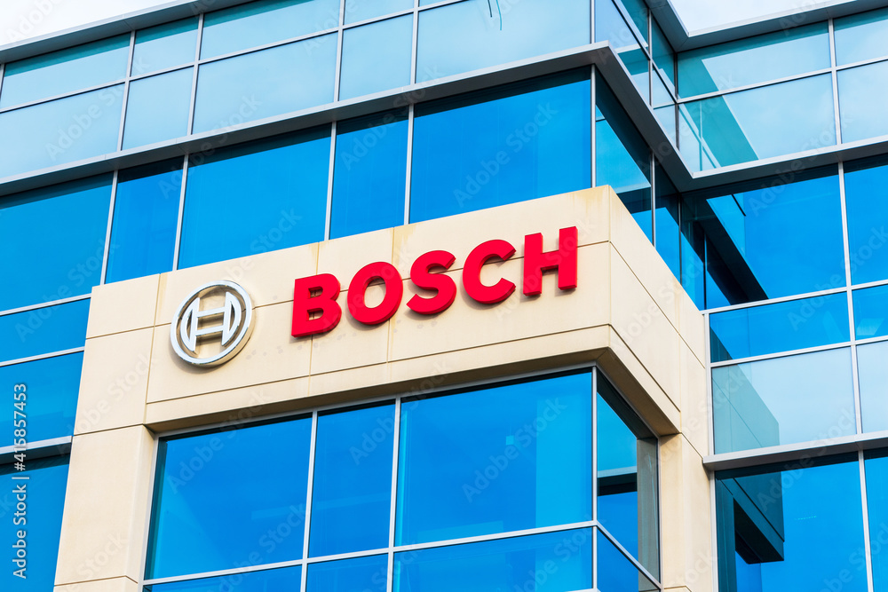 Red Bosch logo on glass facade of Bosch Research and Technology Center ...