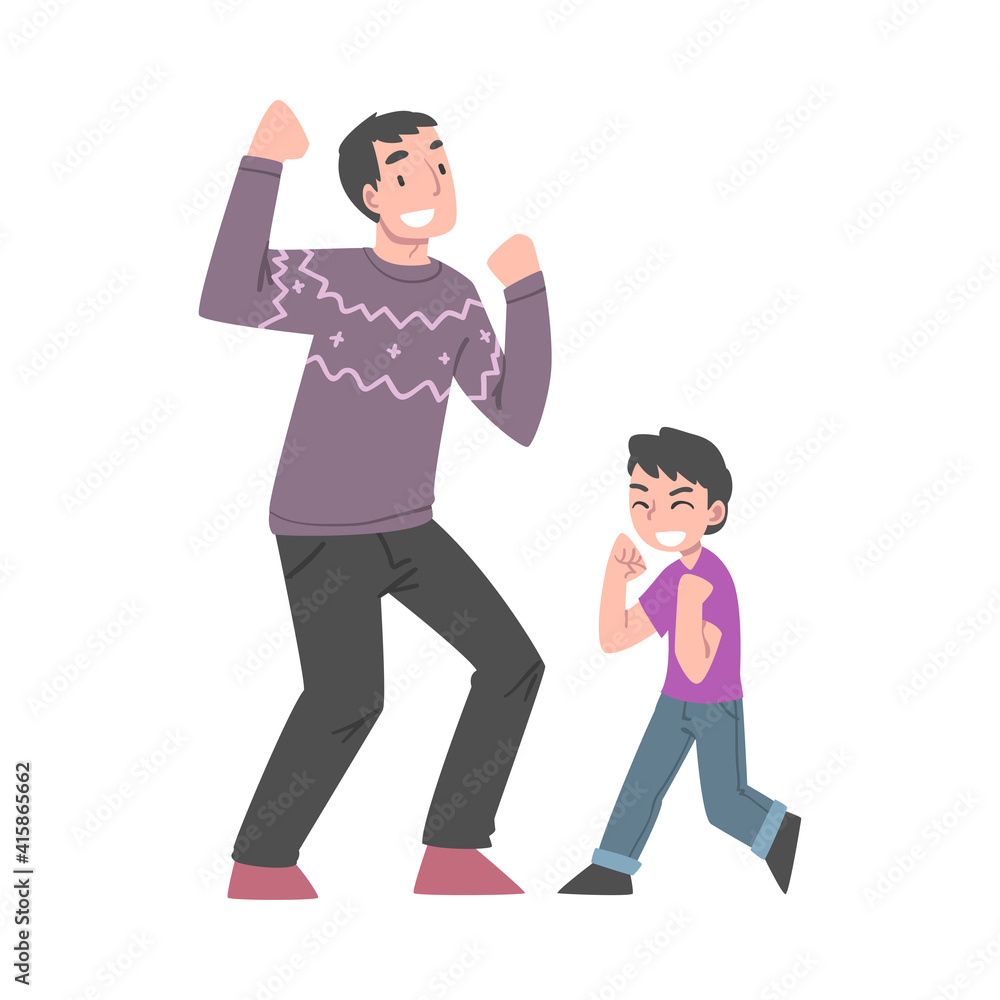 Happy Dad and his Son Celebrating Victory, Expressing Succes or Having ...