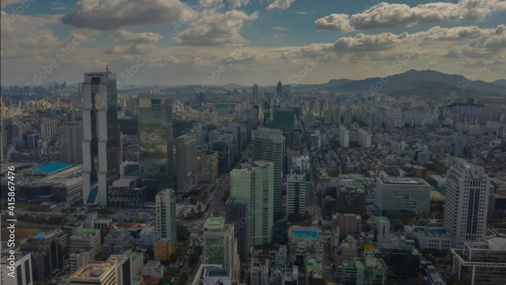 sunny evening flight over seoul city traffic avenue aerial panorama 4k ...